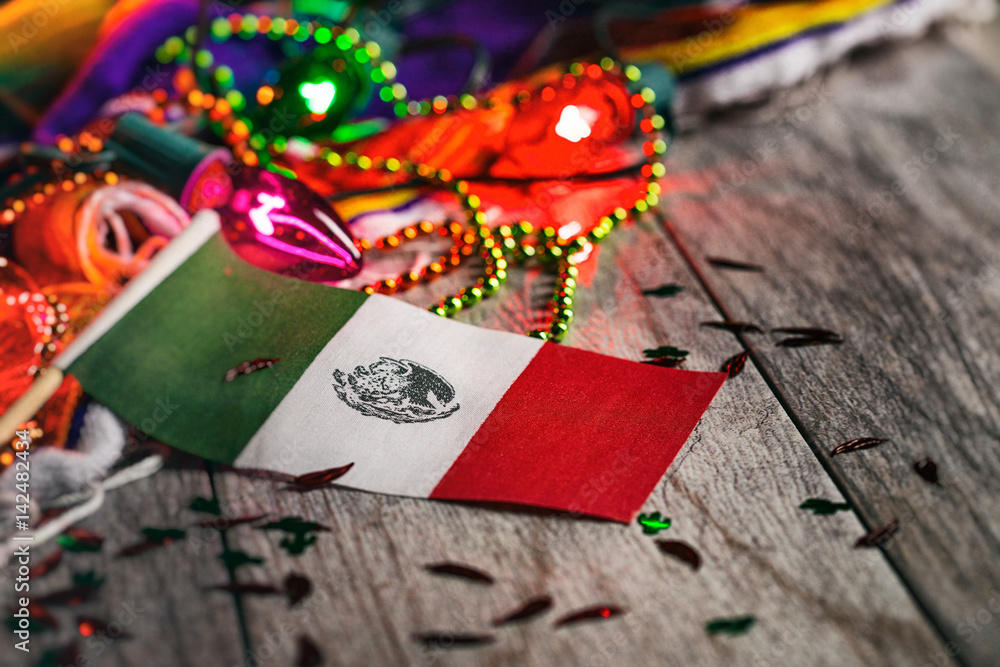 Fiesta: Mexican Flag In Focus With Glowing Party Lights Stock Photo ...