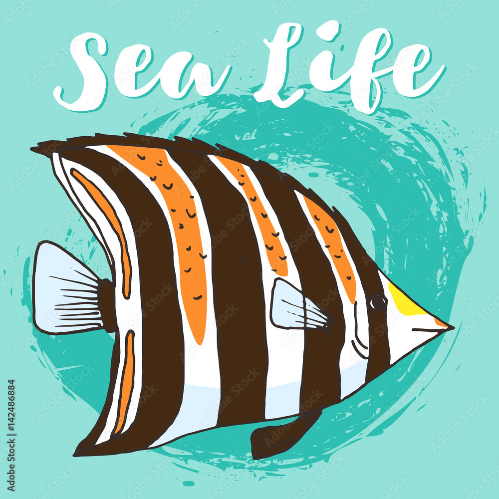 Sea life - vector fish, coral fish hand drawn colorful illustration ...