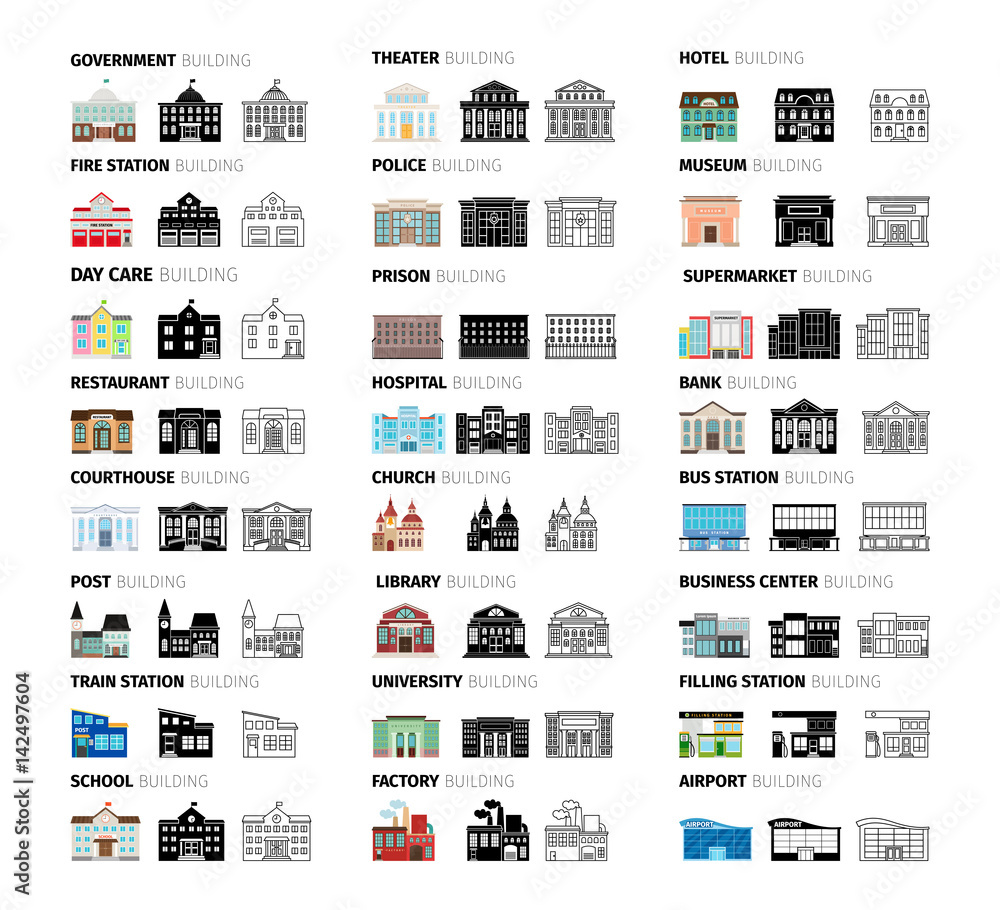 Buildings cartoon icons set Stock Vector | Adobe Stock