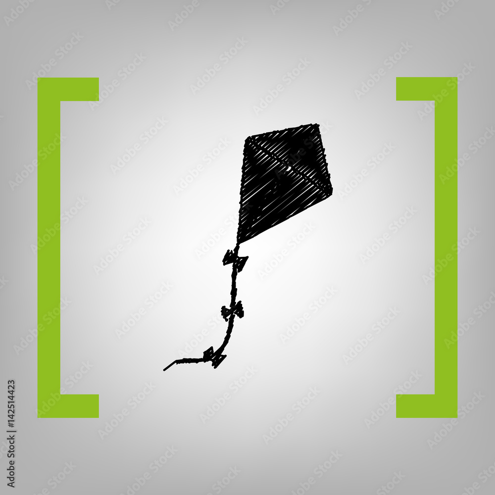 Kite sign. Vector. Black scribble icon in citron brackets on grayish ...