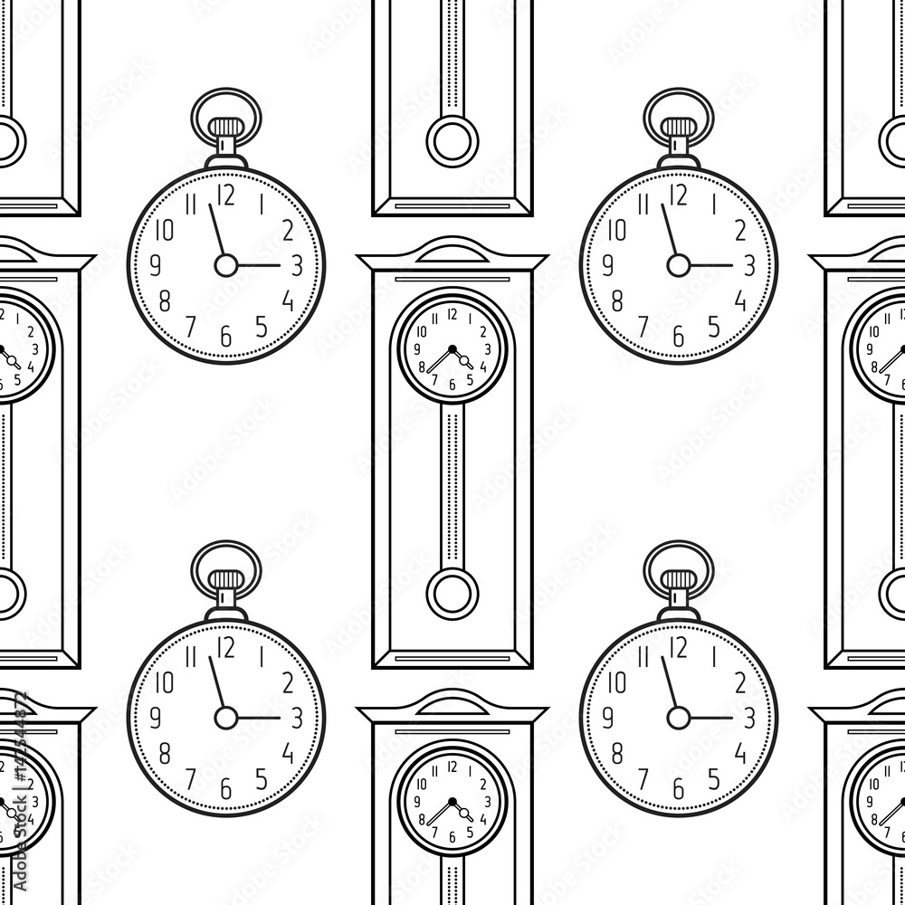 Pocket watches and grandfather clock, flat linear objects. Black and ...
