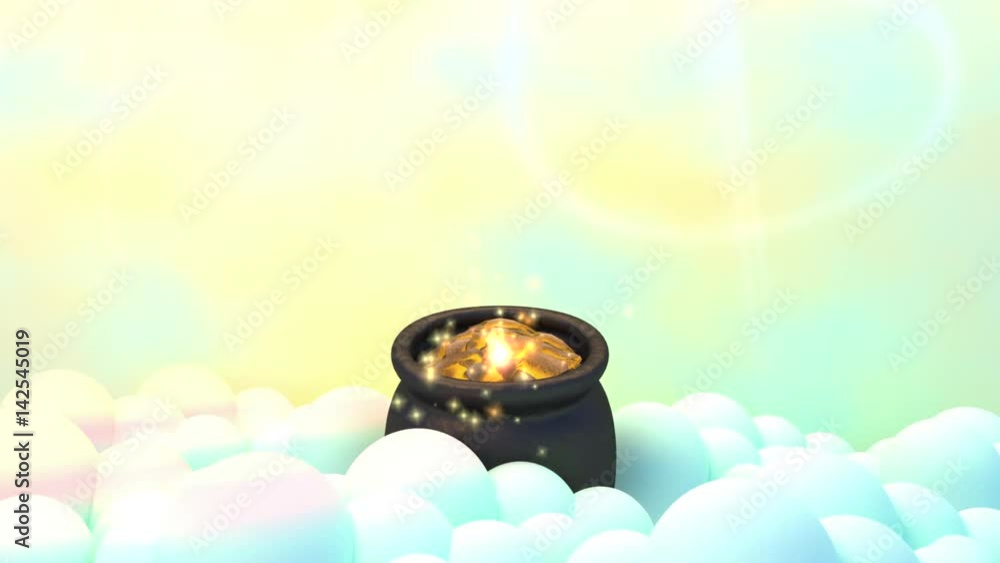 Seamless looping cartoon golden treasure on the clouds animation. Pot ...