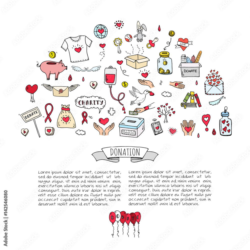 Hand drawn doodle Donation icons set. Vector illustration. Charity ...