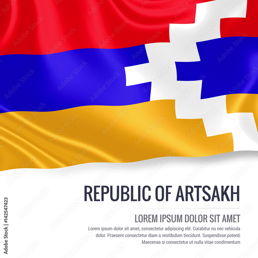 Silky flag of Republic of Artsakh waving on an isolated white ...