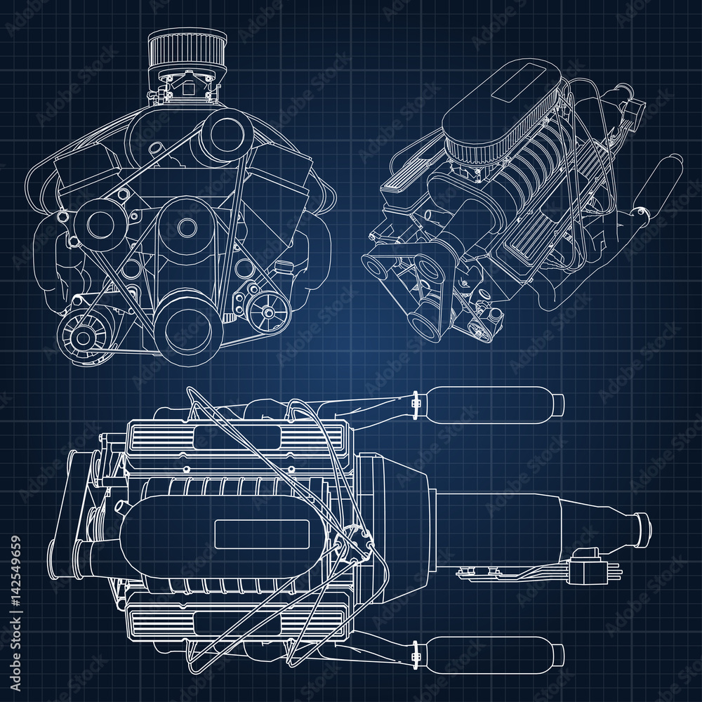 A set of several types of powerful car engine. The engine is drawn with ...