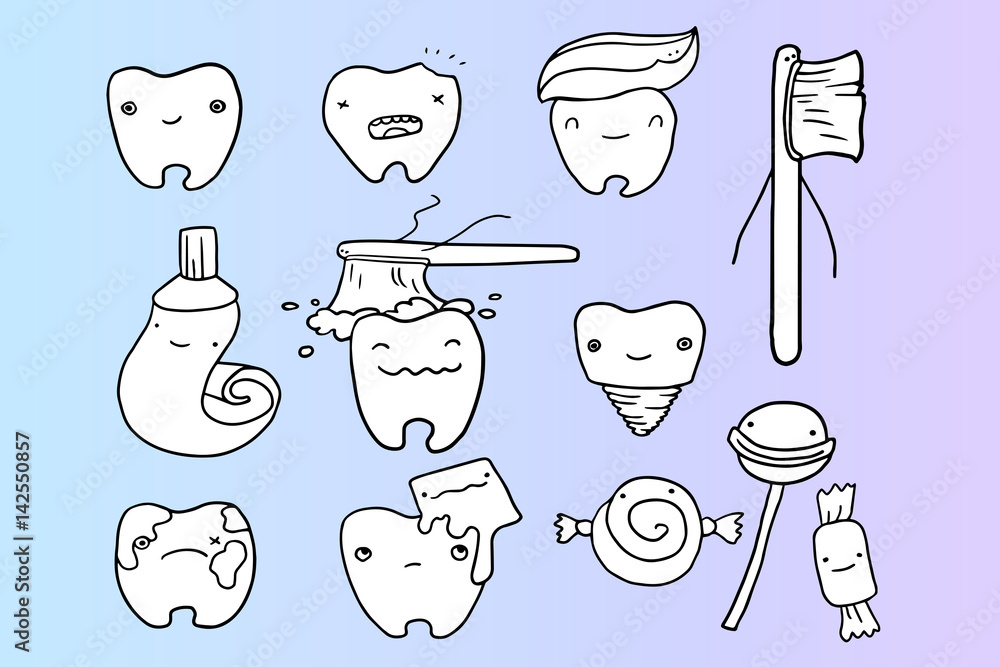 Cute cartoon teeth and toothbrush element set. Oral dental hygiene ...
