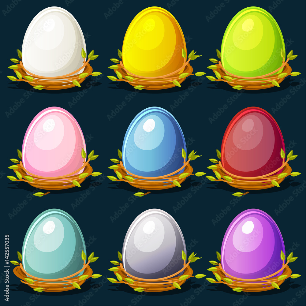 Cartoon funny colored birds Eggs in nest of twigs Stock Illustration ...