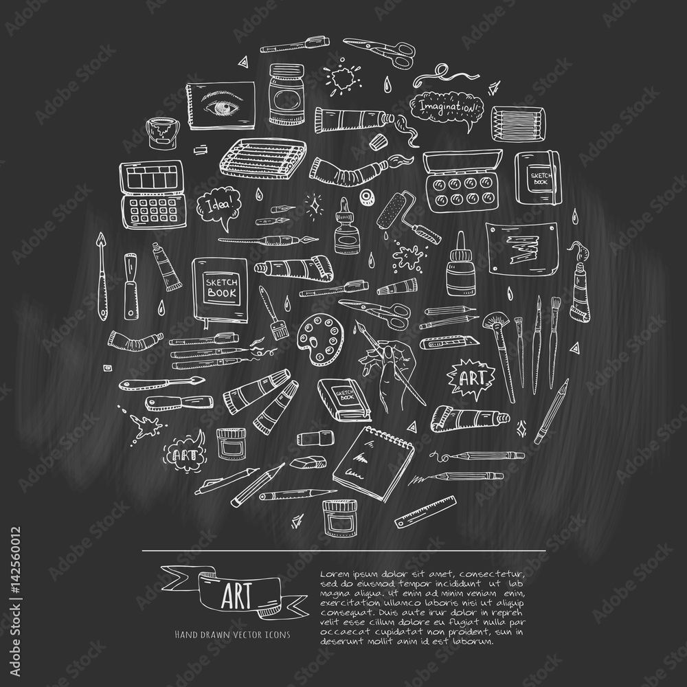 Hand drawn doodle Art and Craft tools icons set Vector illustration art ...