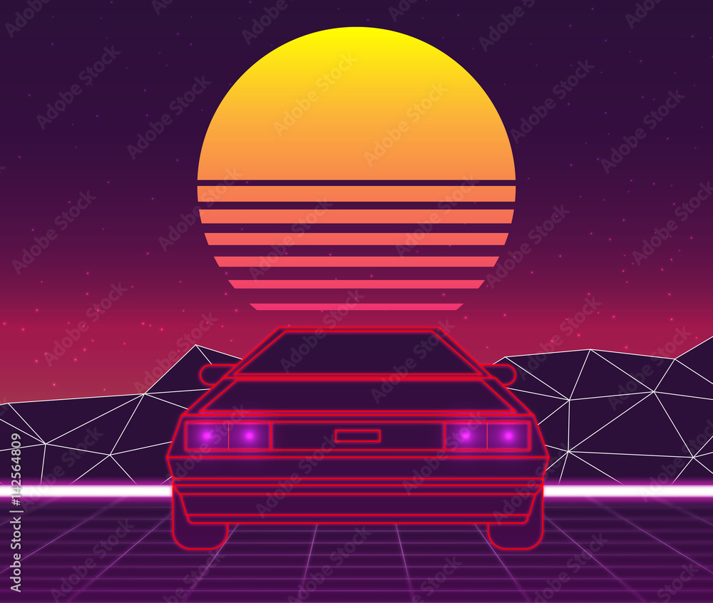 Retro future, 80s style Sci-Fi Background. Futuristic car. Stock Vector ...