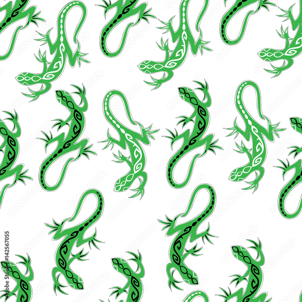 Decorative lizards reptiles with long curved tails decorated geometric ...