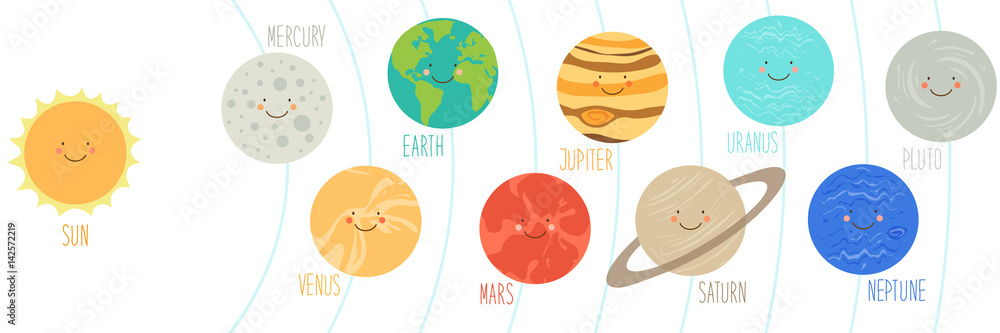 Cute smiling cartoon characters of planets of solar system. Childish ...