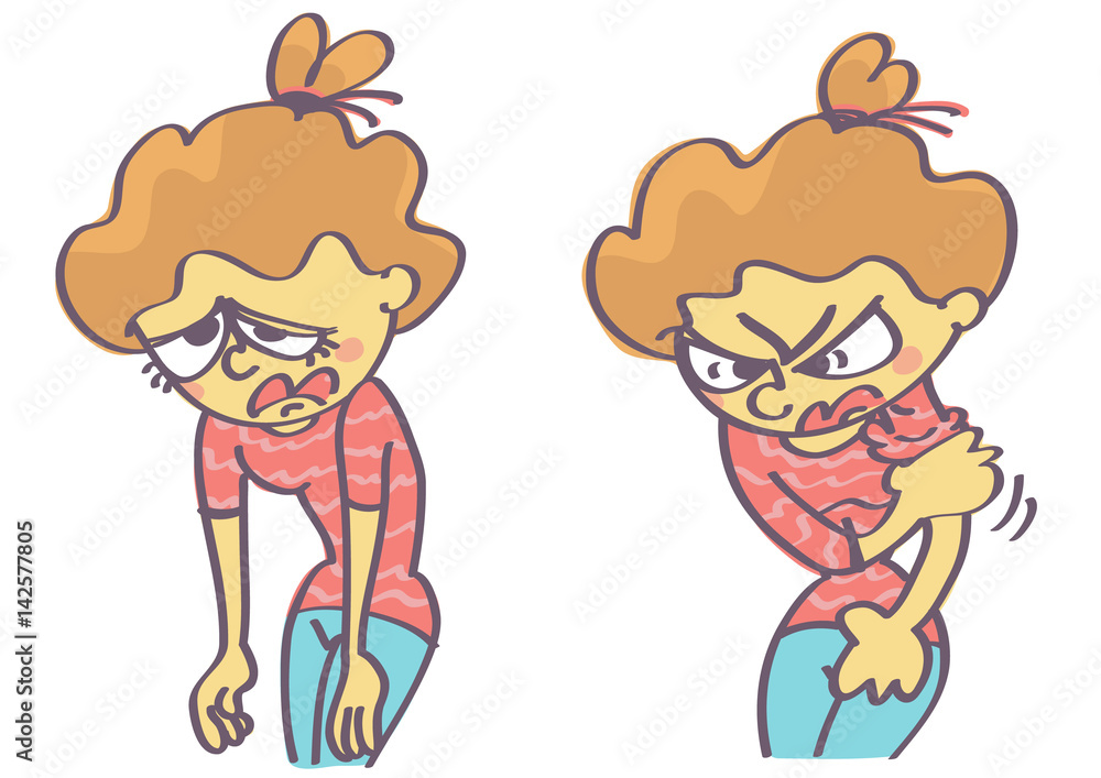 Vector cartoon illustration of tired, sad and mad girl preparing to ...