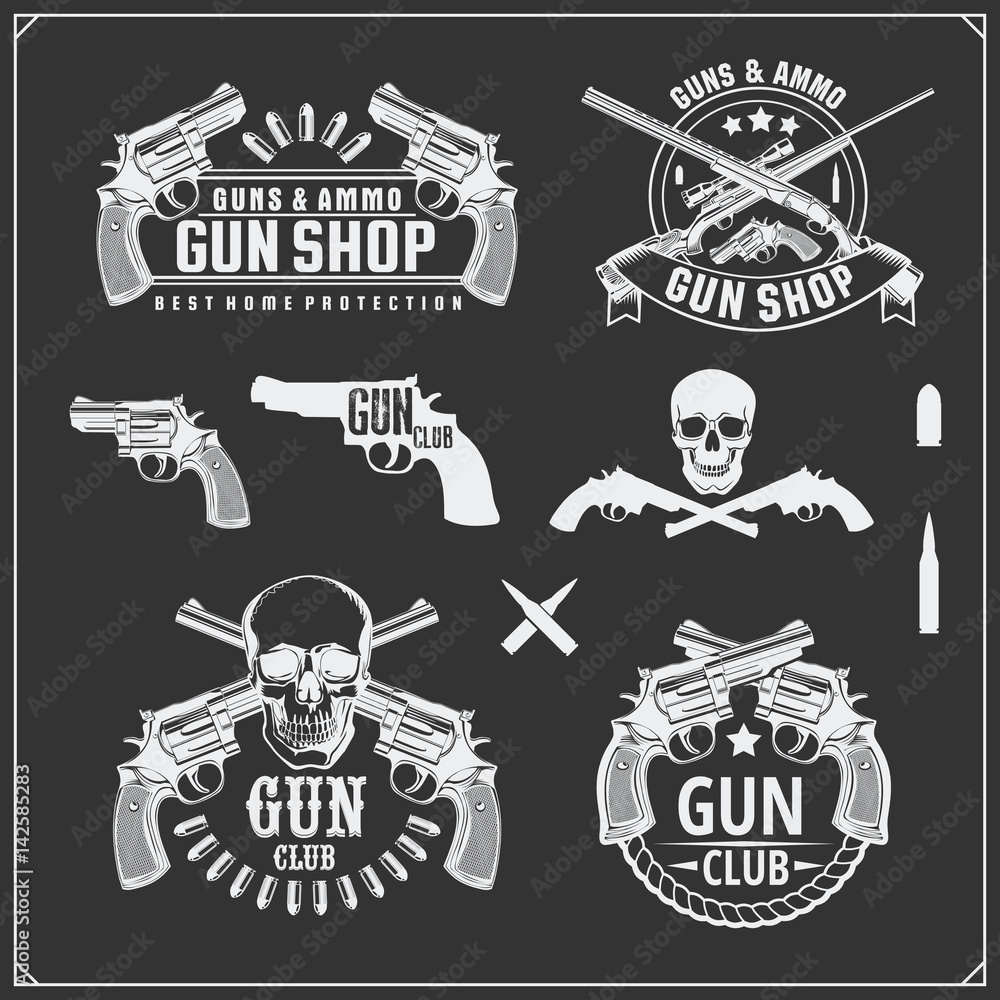 Collection of Guns. Revolvers, shotguns and rifles. Gun club labels and ...
