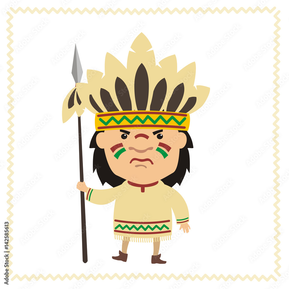 Angry american Indian in headdress of feathers with spear. Isolated ...