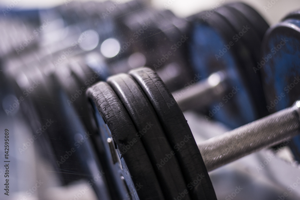 Old school gym interior with equipment, bodybuilding background. Heavy ...