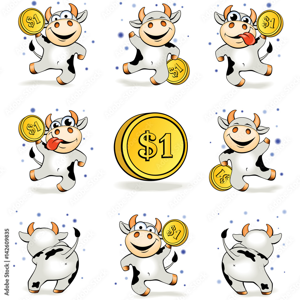 Cartoon crazy young cow with gold coin 1 dollar is happy and dancing in ...