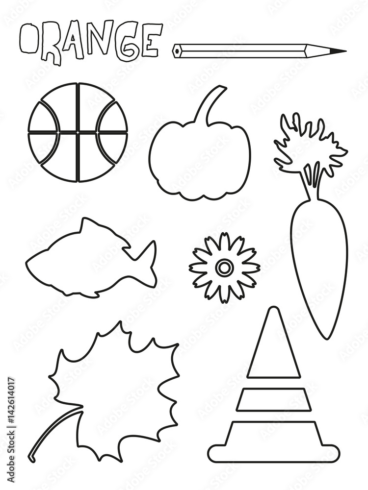 Orange things set. Single color worksheets basketball, carrot, pumpkin ...