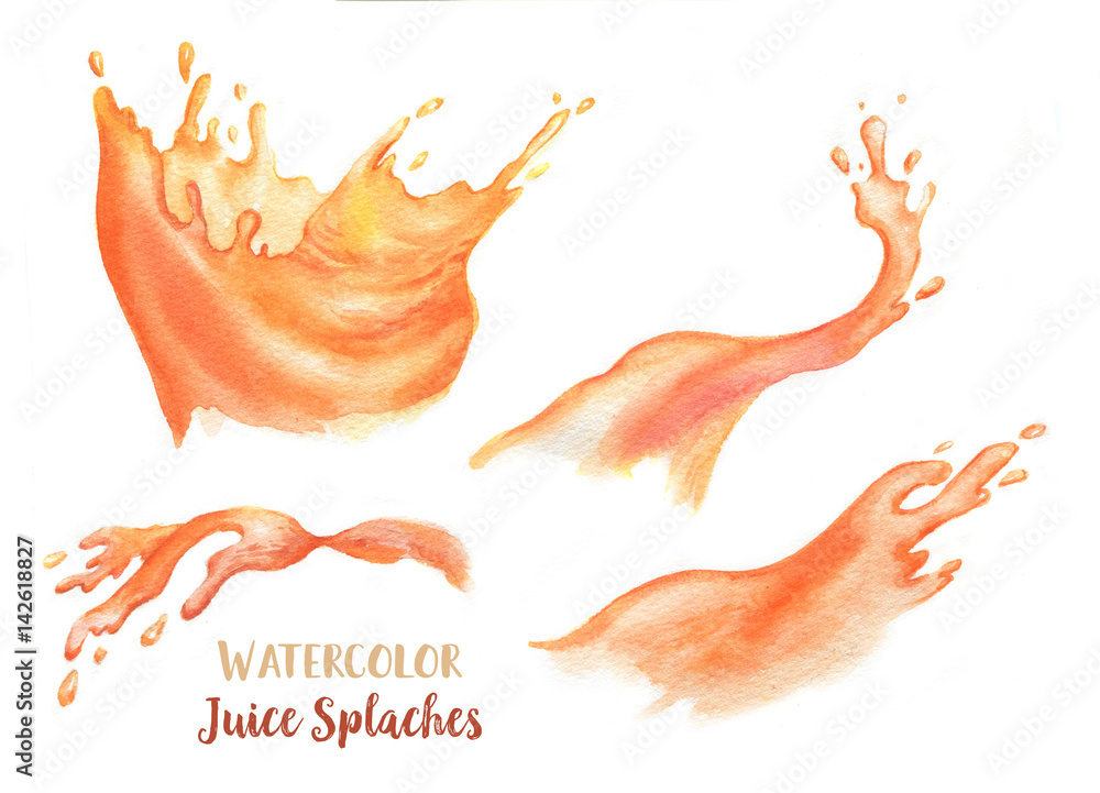 Hand-drawn watercolor splashes of fresh juice. Orange juice drawing ...