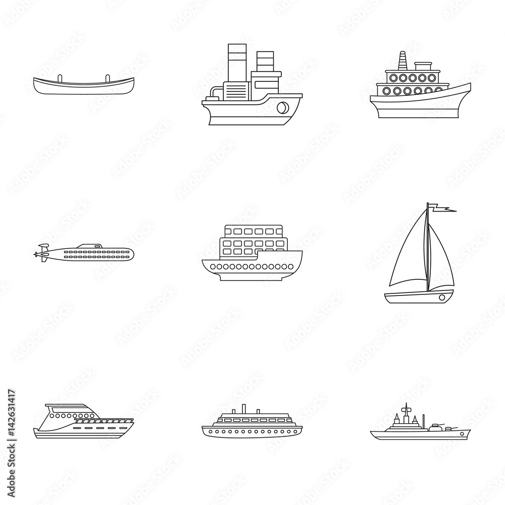 Ocean transport icons set, outline style Stock Vector | Adobe Stock