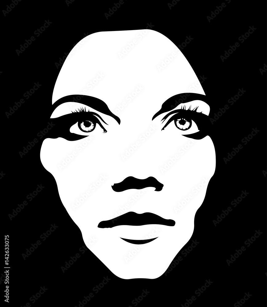 Close up monochrome portrait of girl looking up. Woman face layered ...