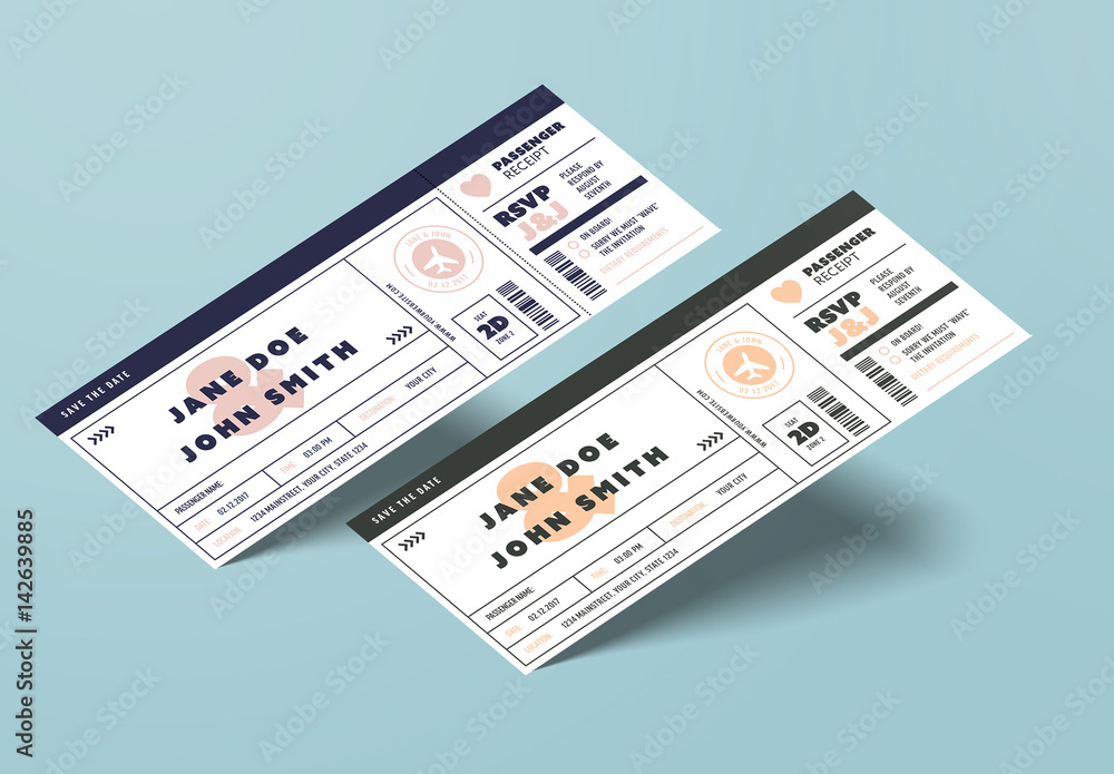 Ticket Style Wedding Invitation Layout 1 Stock Template | Adobe Stock