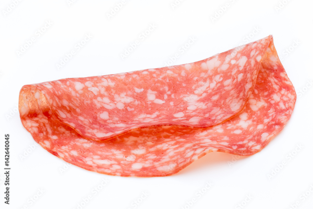 Salami smoked sausage slices isolated on white background cutout. Stock-Foto | Adobe Stock