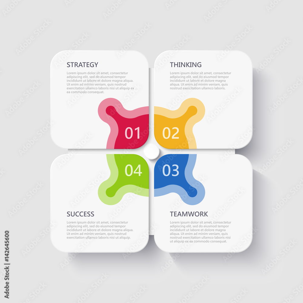 Modern 3D infographic template with 4 steps for success. Business square elements template with ...