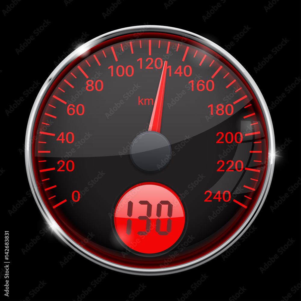 Speedometer. Round black and red gauge with chrome frame Stock Vector ...