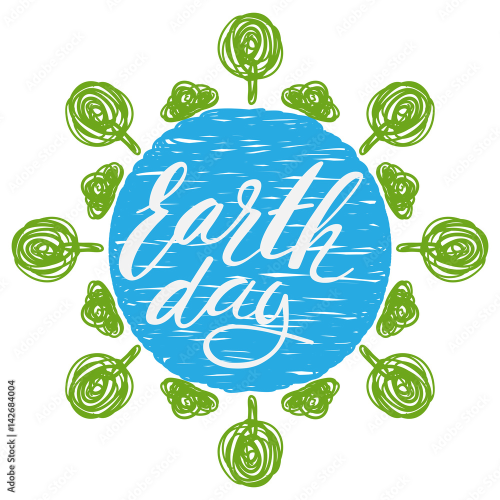 Earth day hand drawn lettering with abstract scribble trees. Concept ...