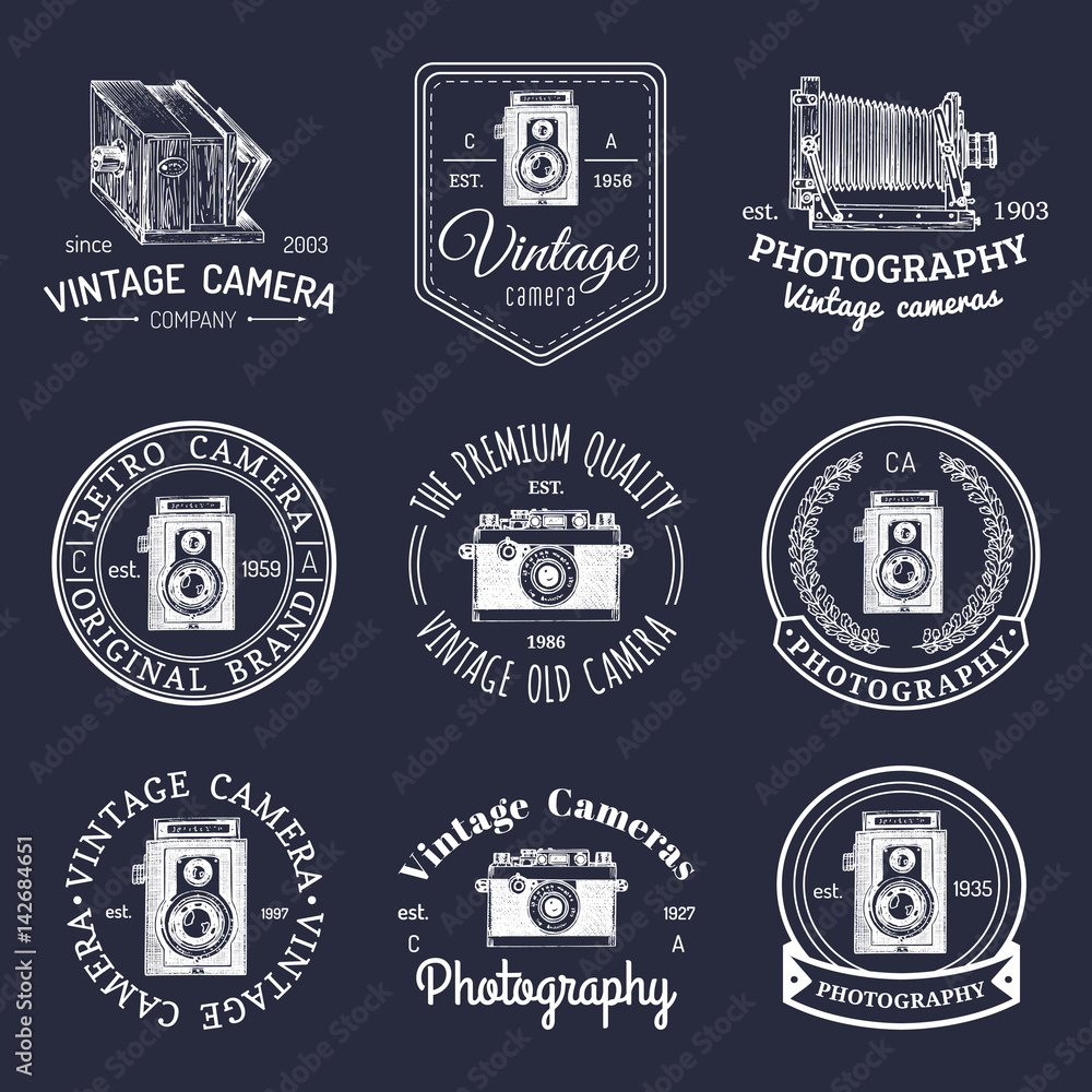 Vector set of old cameras logos. Vintage photo studio, salon signs ...