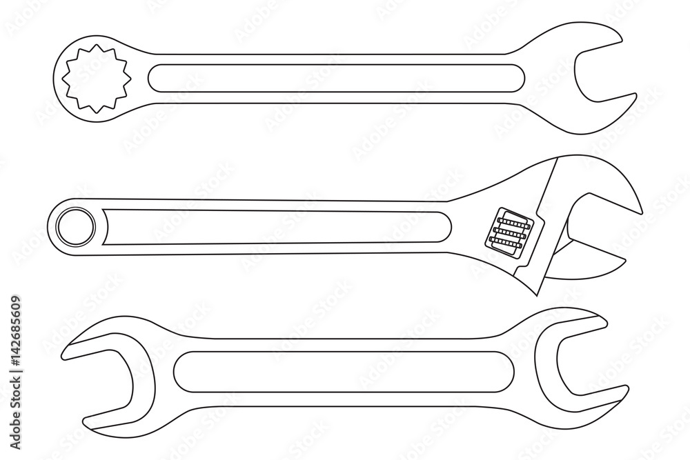 Set of wrenches. White outline icons Stock Vector | Adobe Stock