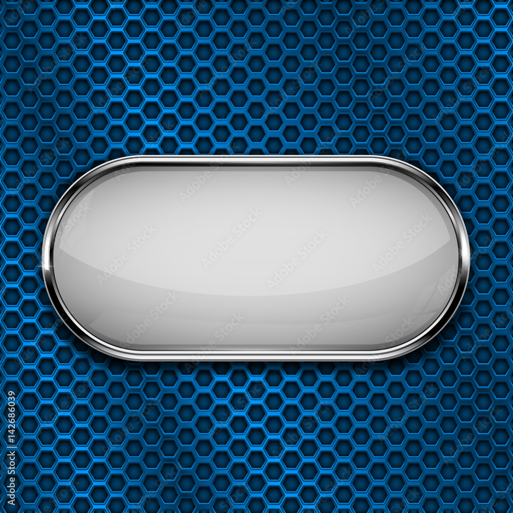 White oval button with metal frame on blue perforated background Stock ...