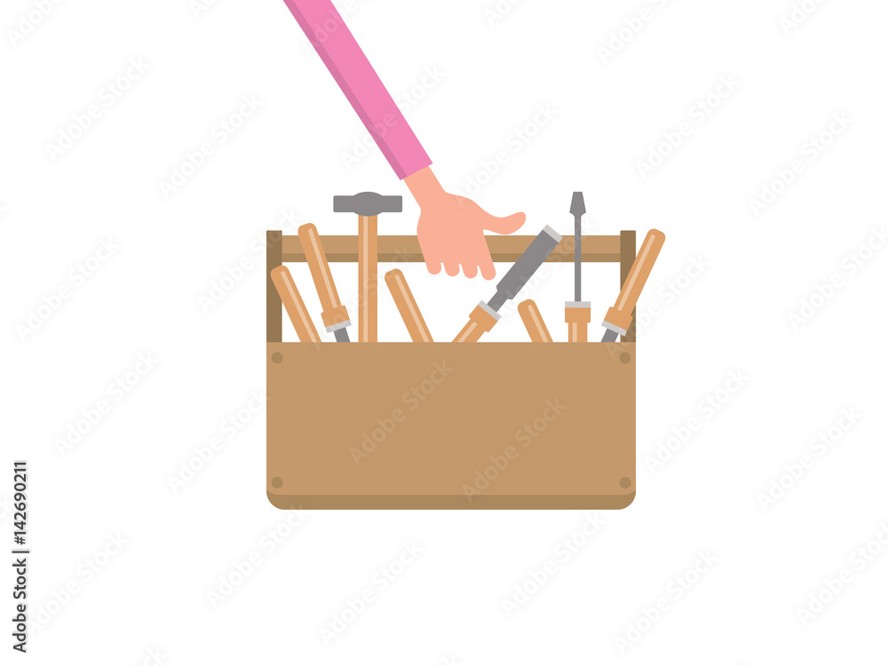 carpenter hand holding tool box flat vector illustration Stock Vector ...
