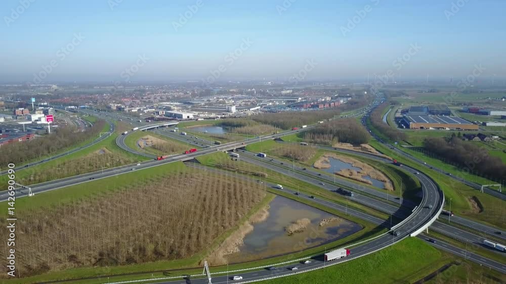 Aerial: Highway junction busy highway A2 and A27 in the Netherlands ...