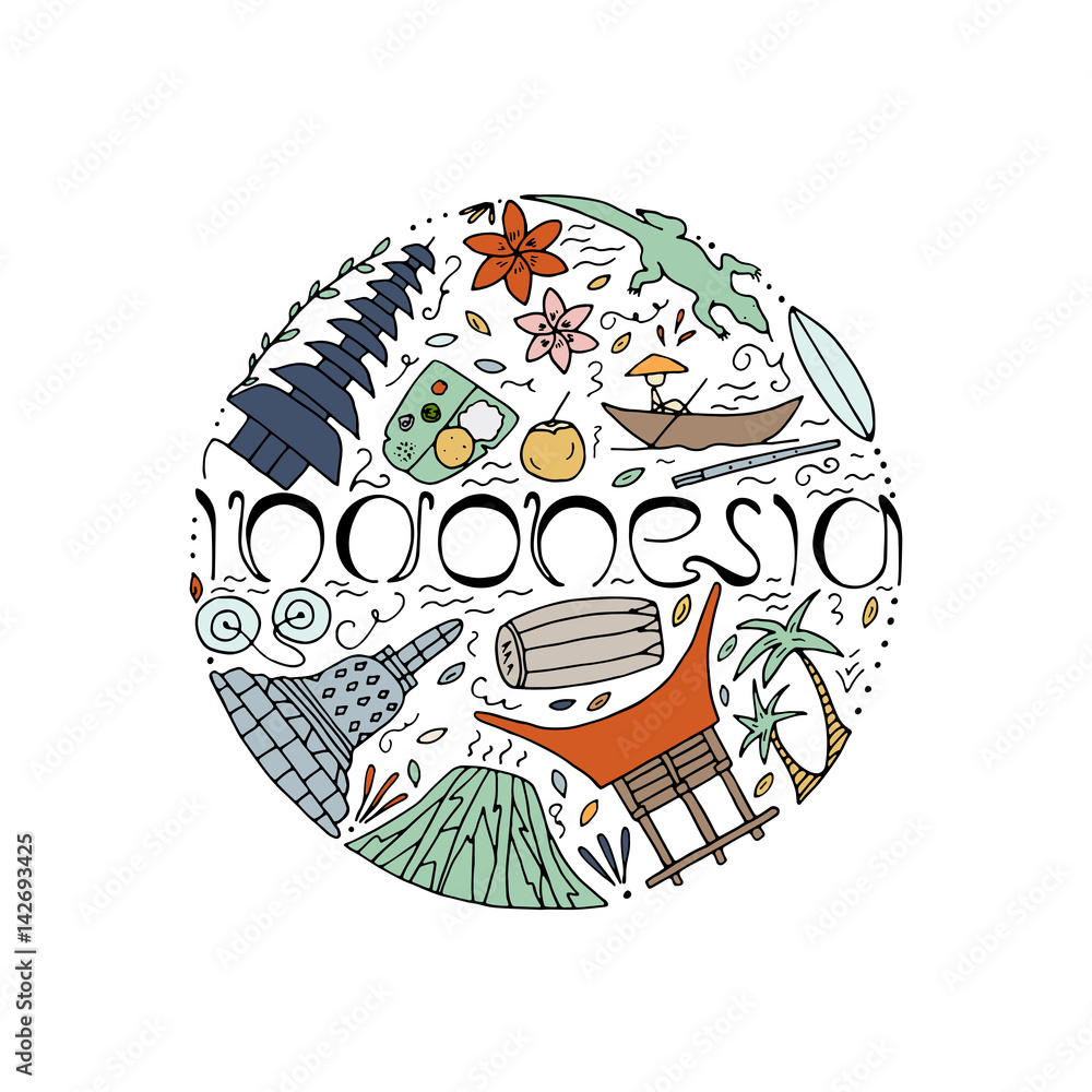 Hand drawn concept with symbols of Indonesia. Stock Vector | Adobe Stock