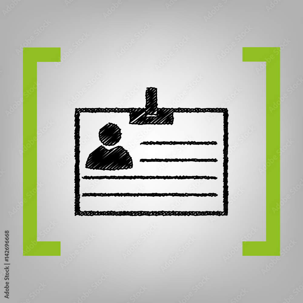 Id card sign. Vector. Black scribble icon in citron brackets on grayish ...