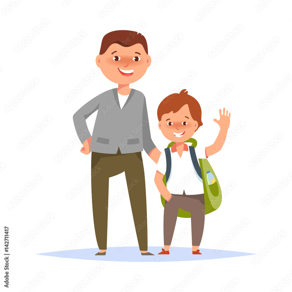 Vector illustration of father and son elementary schoolboy go to school ...