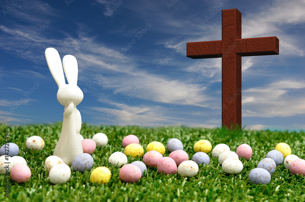 3D illustration. A white plastic bunny figurine displayed with speckled easter eggs and a wooden ...