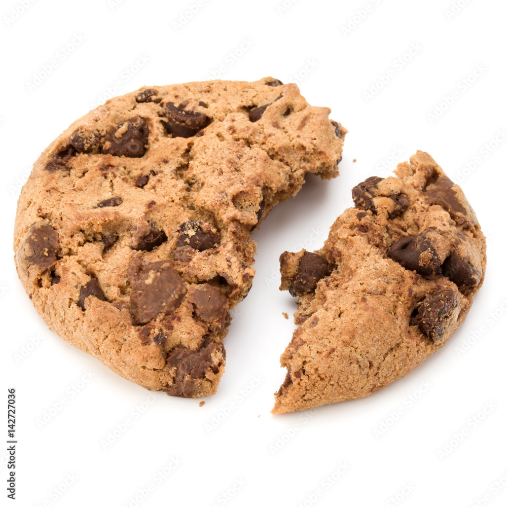 One broken Chocolate chip cookie isolated on white background. Sweet ...