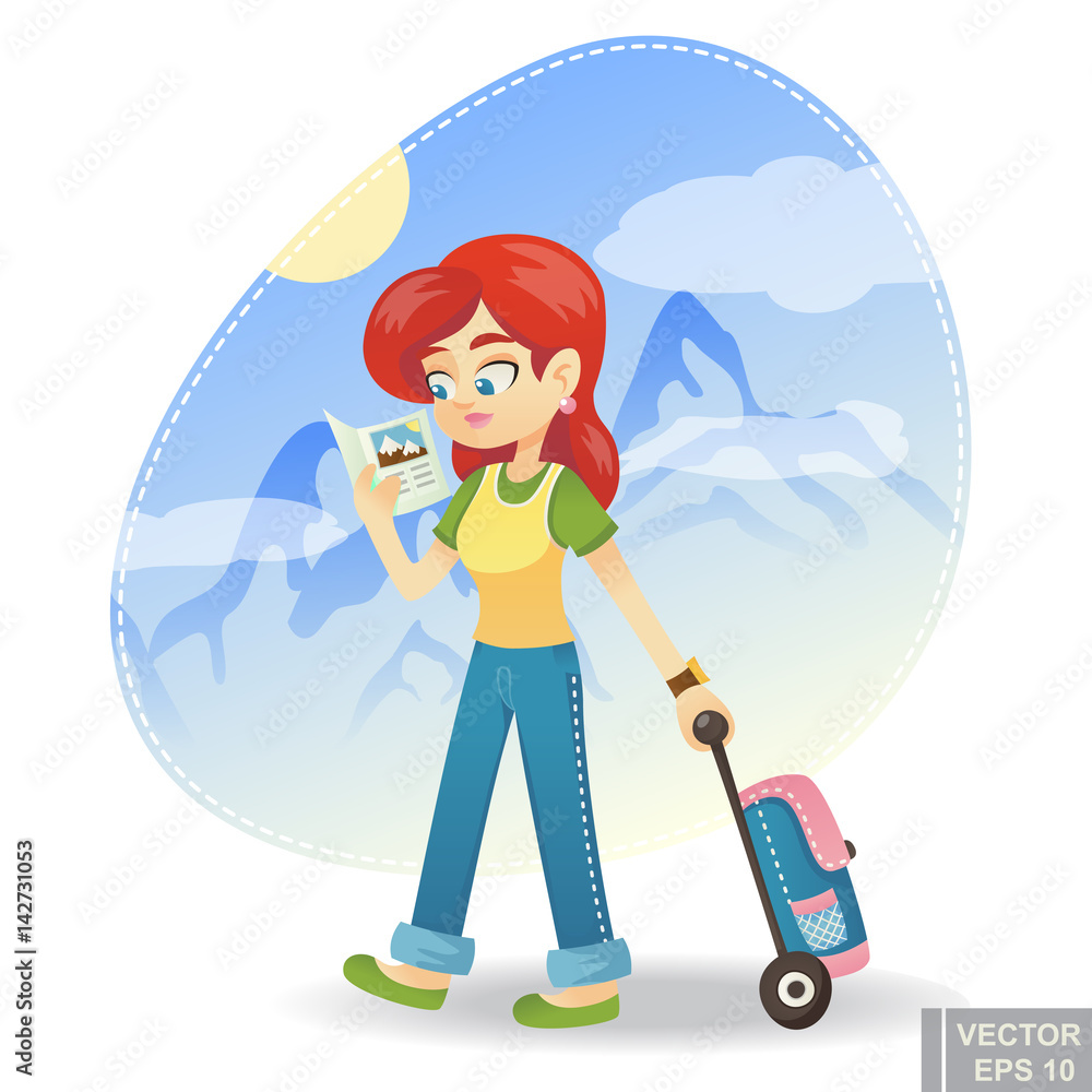 Traveling cartoon character. Happy world travel Girl woman with luggage ...