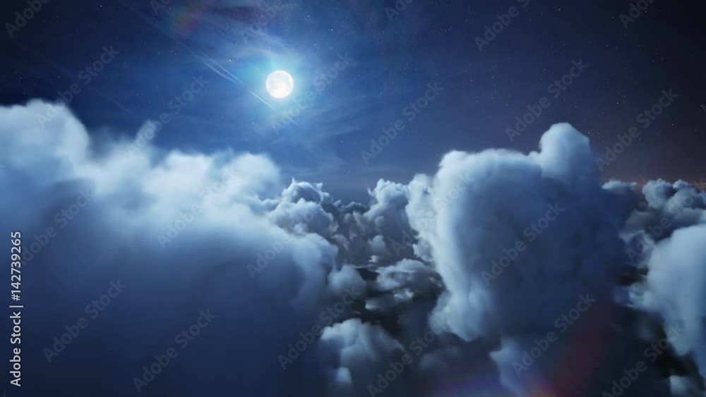 Flying over the deep night timelapse clouds with moon light. Seamlessly ...