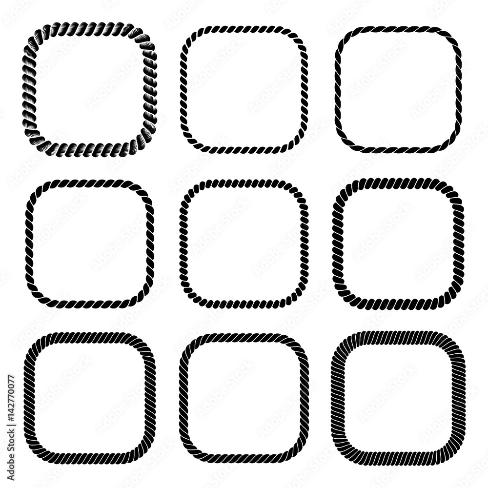 Vector set of thick and thin square black monochrome rope frame. Stock ...