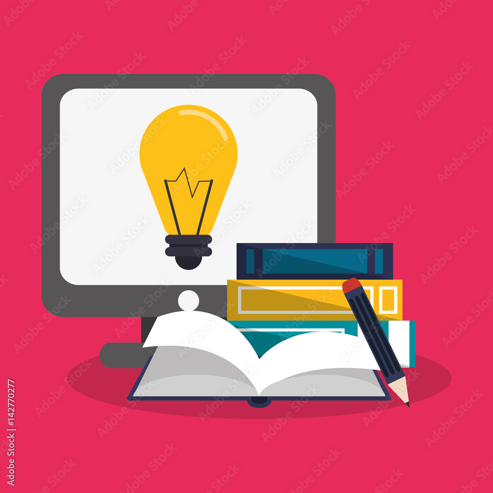 books and monitor computer with bulb light icon on screen over pink ...
