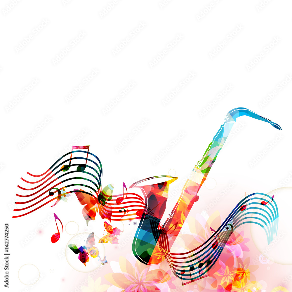 Colorful saxophone with music notes and butterflies isolated vector ...