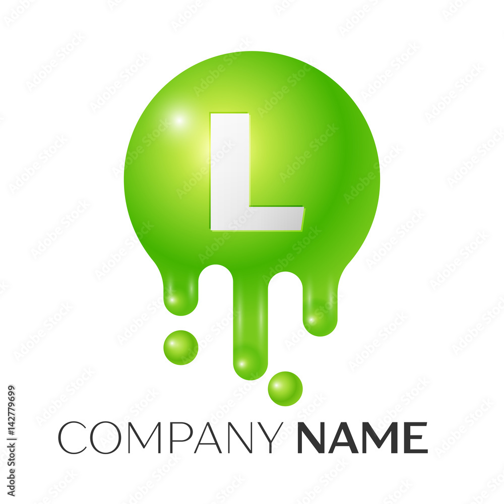L Letter splash logo. Green dots and bubbles letter design on white ...