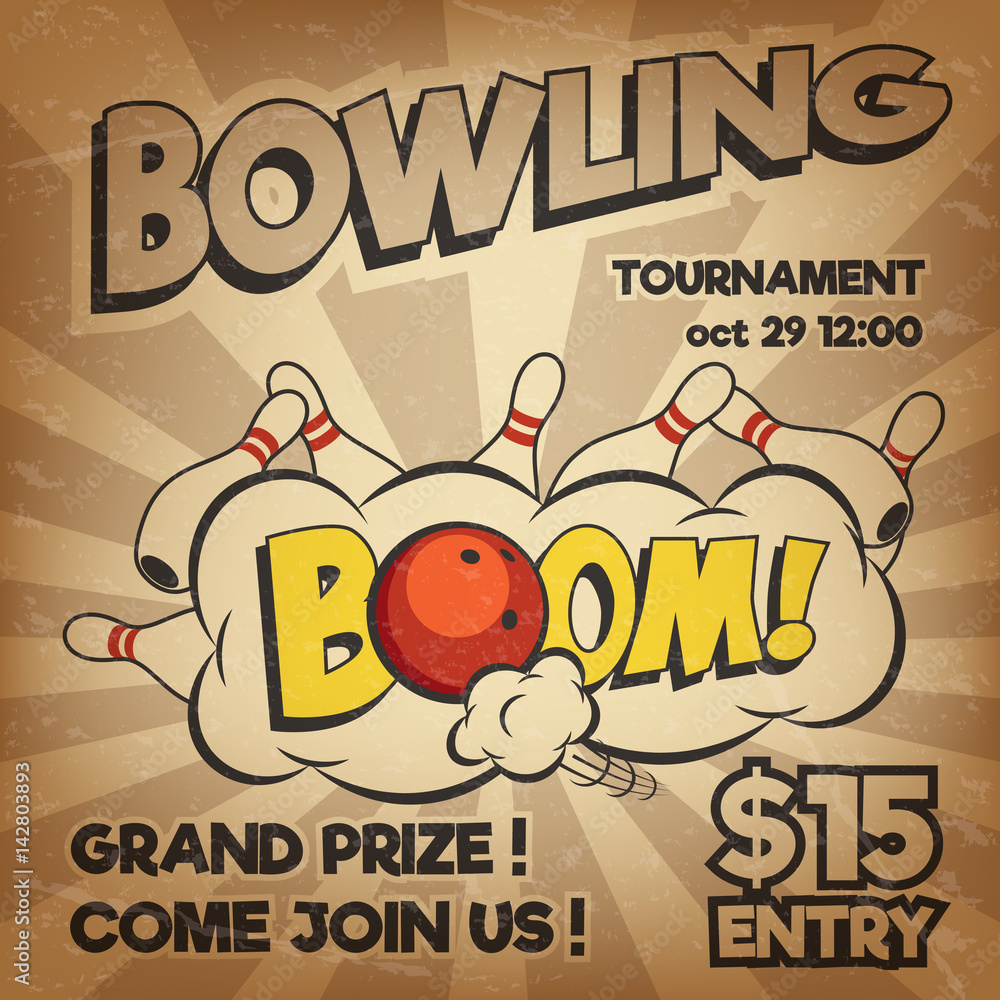 Vector pop art bowling illustration on a vintage background. Bowling ...
