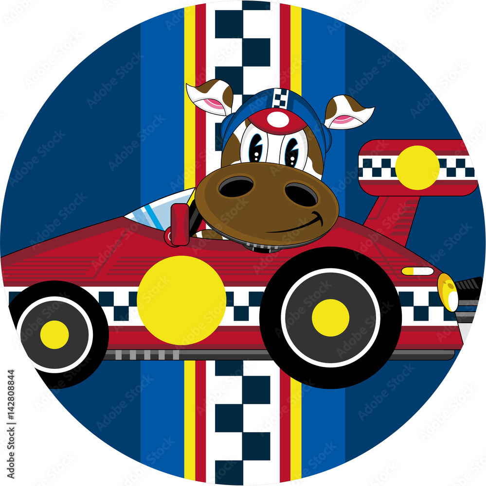 Cartoon Cow Racing Car Driver Stock Vector | Adobe Stock