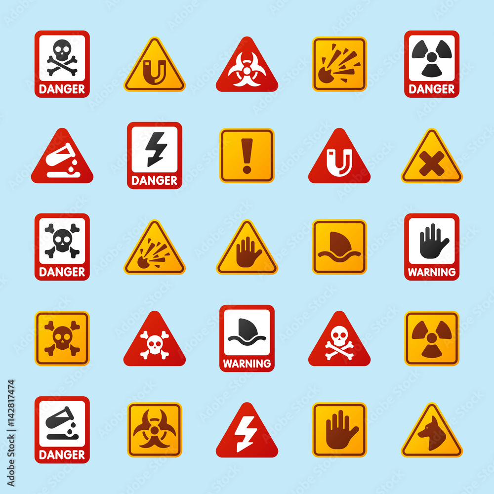 Prohibition signs set industry production vector yellow red warning ...