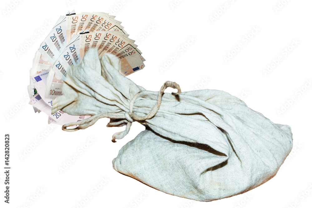 Geldsack mit Euro Banknoten und Münzen Stock Photo | Adobe Stock