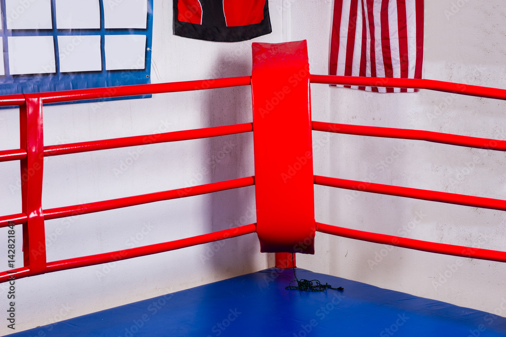 Red corner of a regular boxing ring surrounded by ropes Stock Photo ...